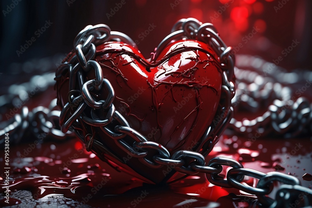 Realistic image of a chained heart, with vivid details that include chains that surround the ...