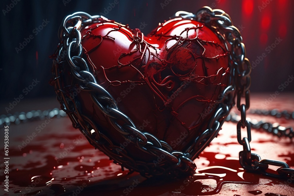 Realistic image of a chained heart, with vivid details that include ...