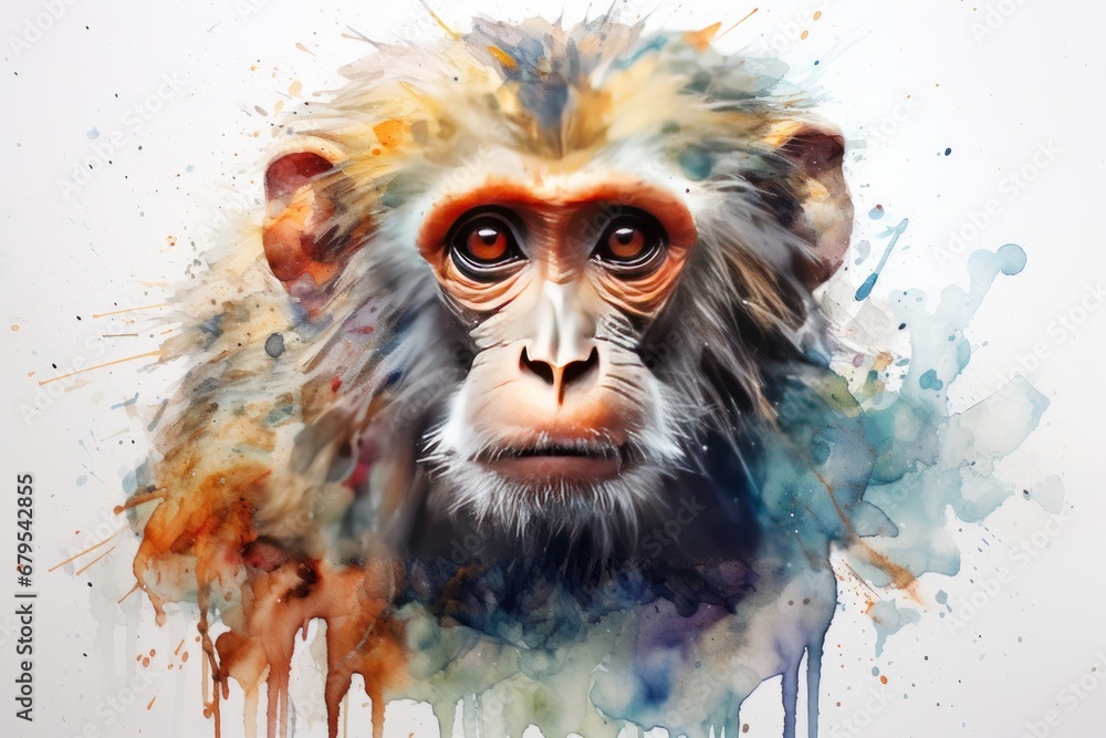 watercolor Monkey illustration with splash watercolor textured ...