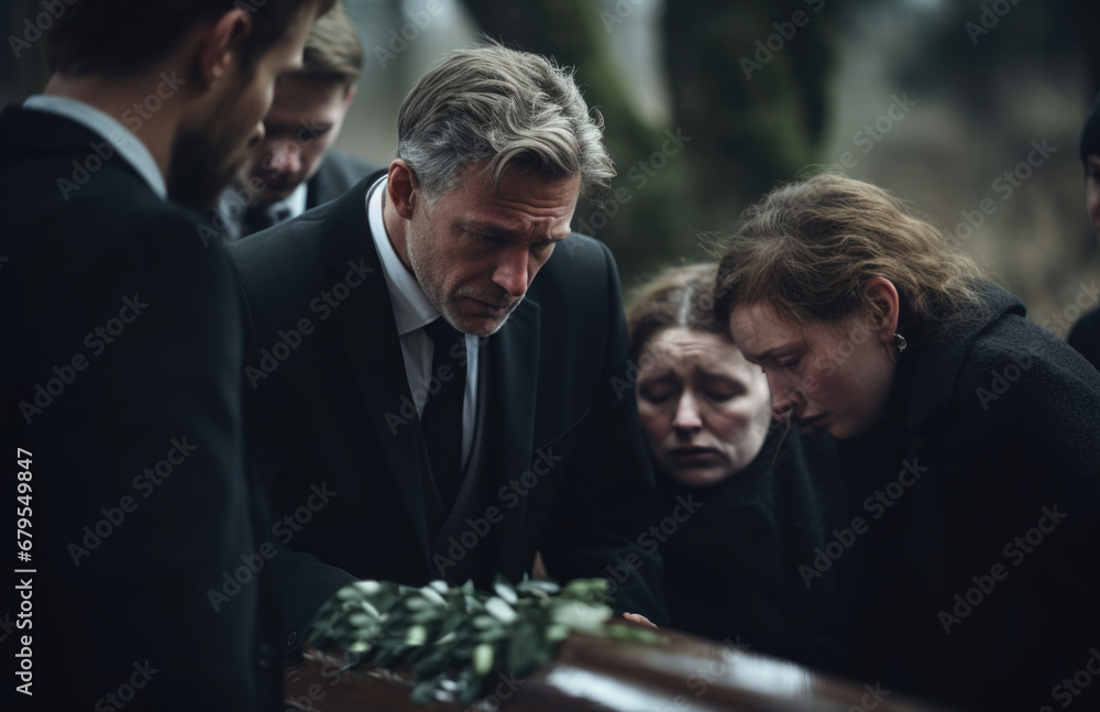 Death, funeral and family touching coffin in a church, sad and unhappy ...