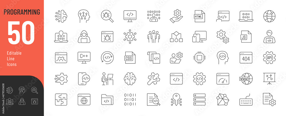 Programming Line Editable Icons set. Vector illustration in thin line modern style of software ...