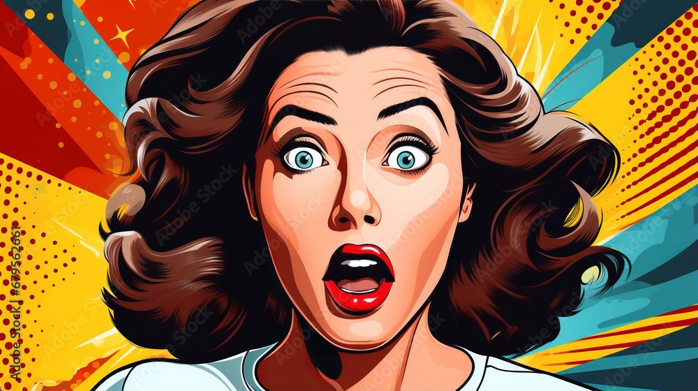 Vivid portrait of surprised woman in retro pop art style captures her ...