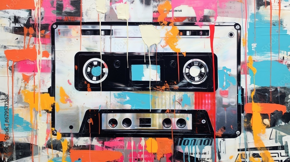 Generative AI, Grunge audio tape cassette, pop art graffiti, vibrant ...