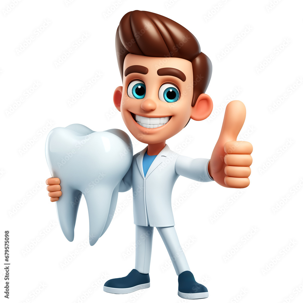 Smiling dentist character, holding a tooth, showing thumbs up, 3d style ...