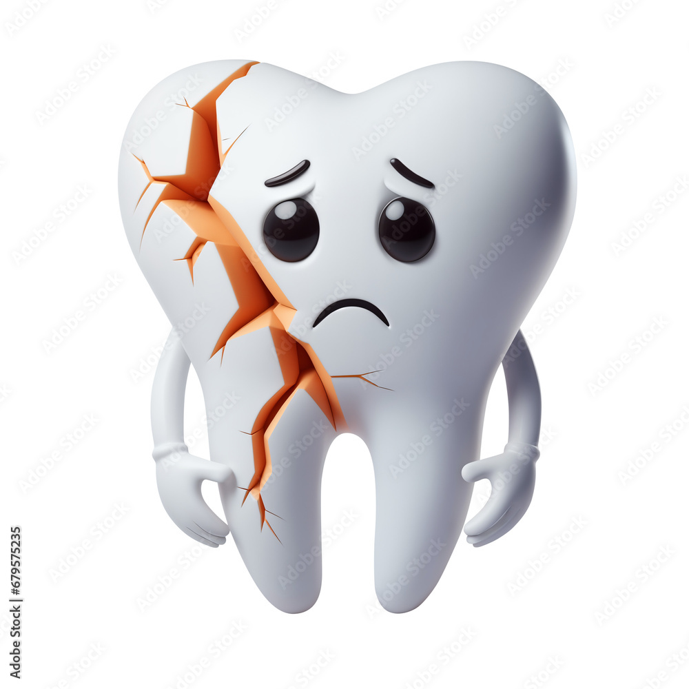 Sad cartoon tooth character with cracks and caries, 3d style, isolated ...
