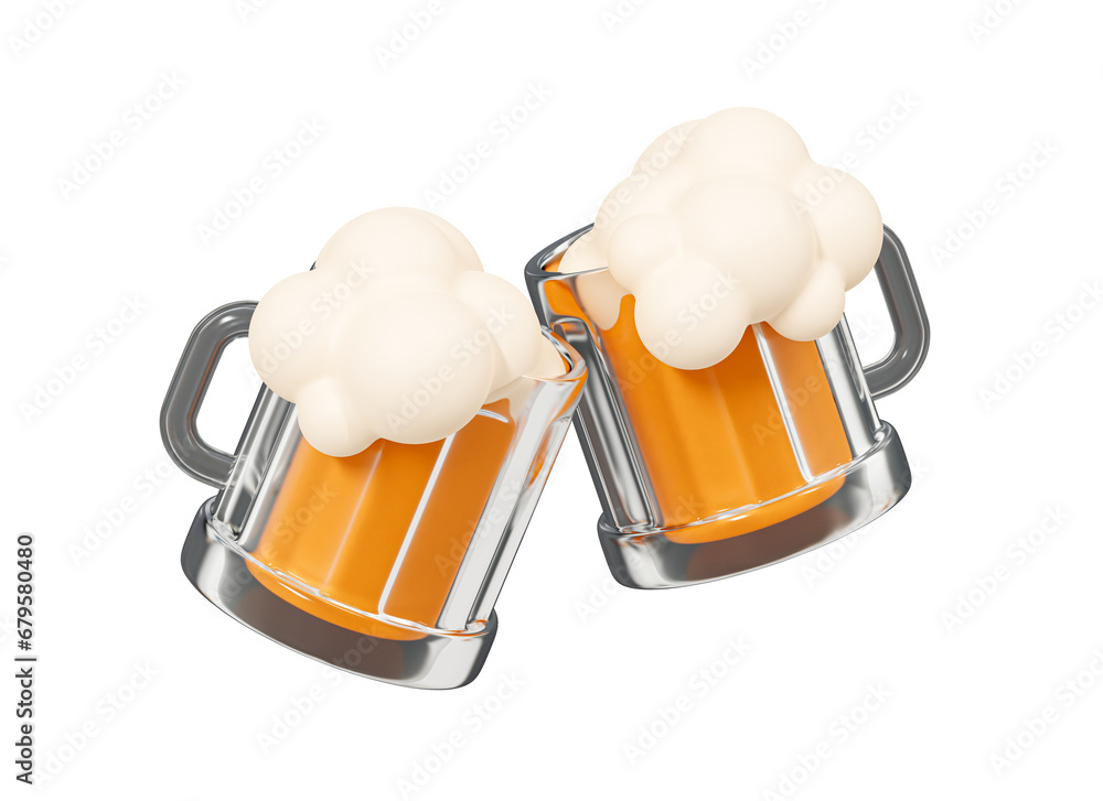 3D Toasting beer glasses. Oktoberfest beer festival. Two full mugs of ...