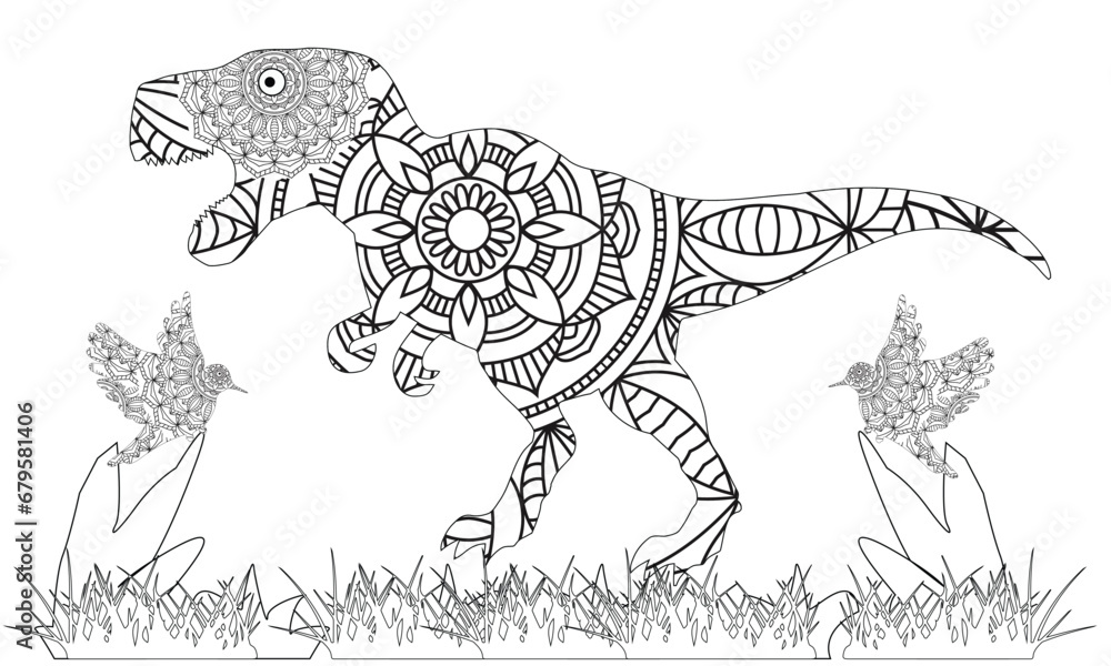 Dinosaur Mandala Coloring Pages. Zentangle style. Dinosaur black and ...
