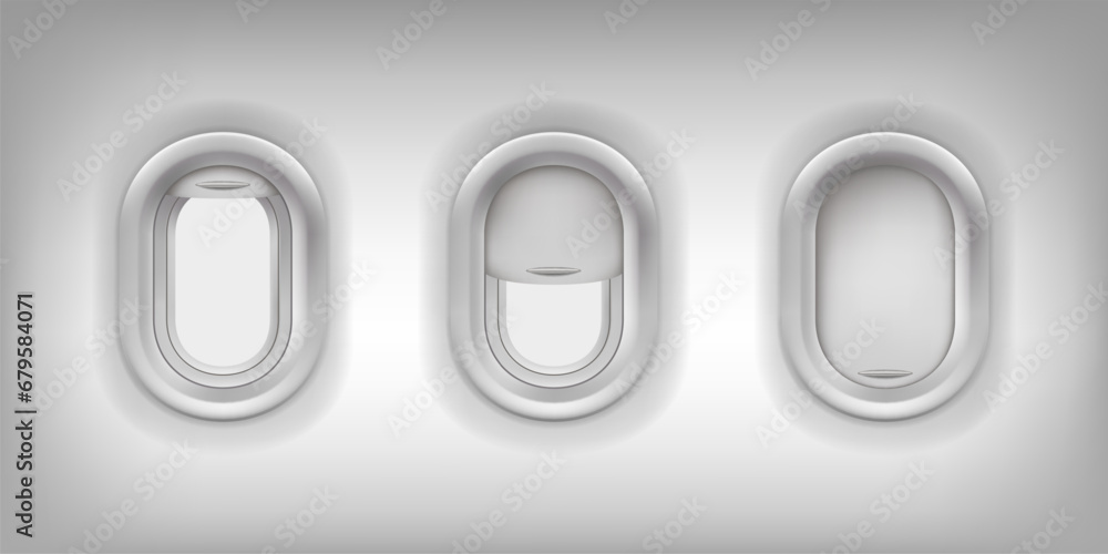 Realistic aircraft, 3d plane windows. Insight air flight object ...