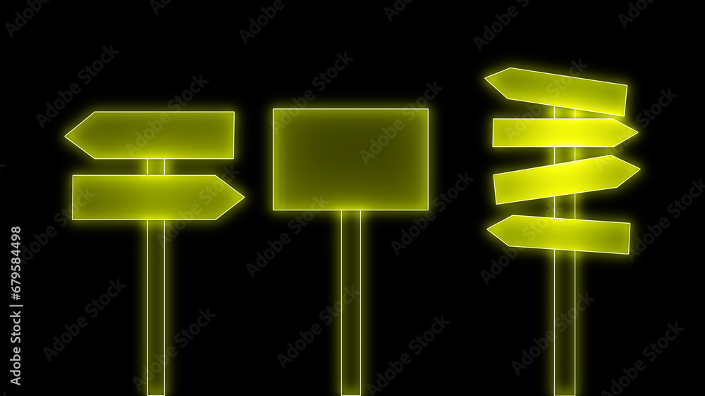 Set of road signs isolated. Direction traffic signs boards on neon ...