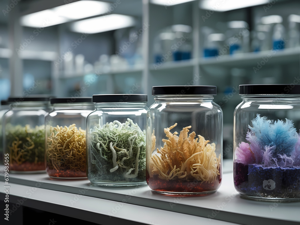 In a futuristic laboratory, a scientist with a pipette analyzes a ...