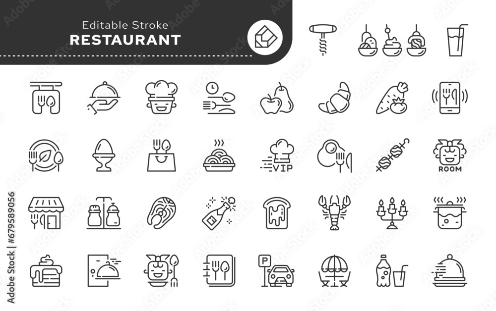 Restaurant, cafe icon in contour linear style. Food, dish, pork, beef ...