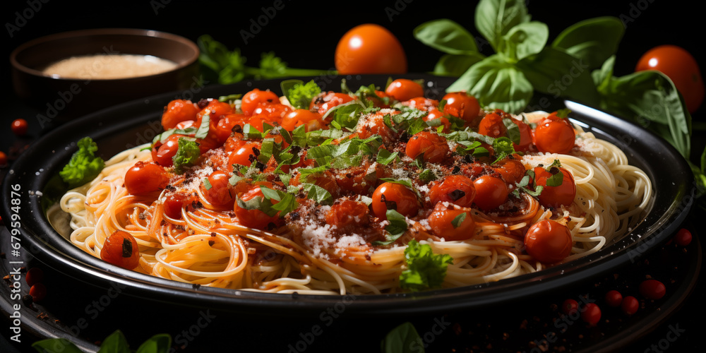Leckere Spaghetti mit Basilikum und Parmesan auf dem Teller wunderschön ...