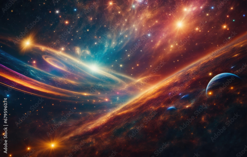 Cosmic background with abstract rays of light. Journey through the ...