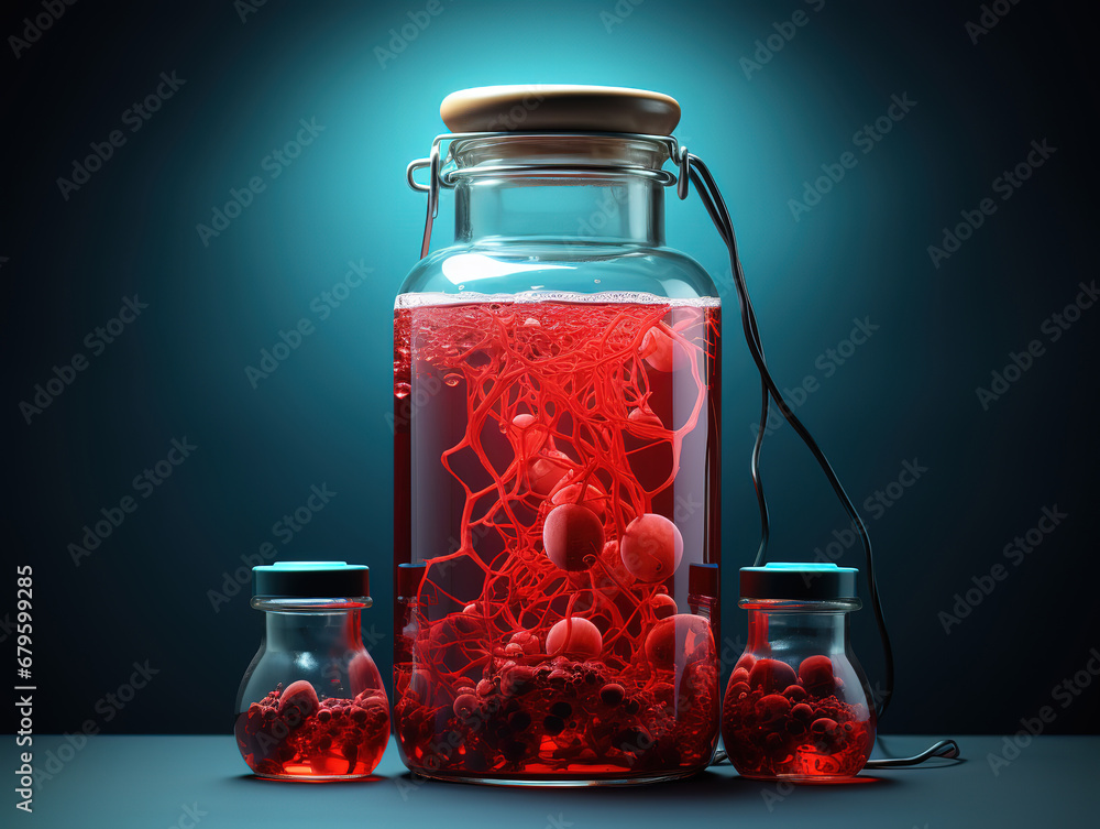 Red blood cells viewed through a microscope with a grey background ...