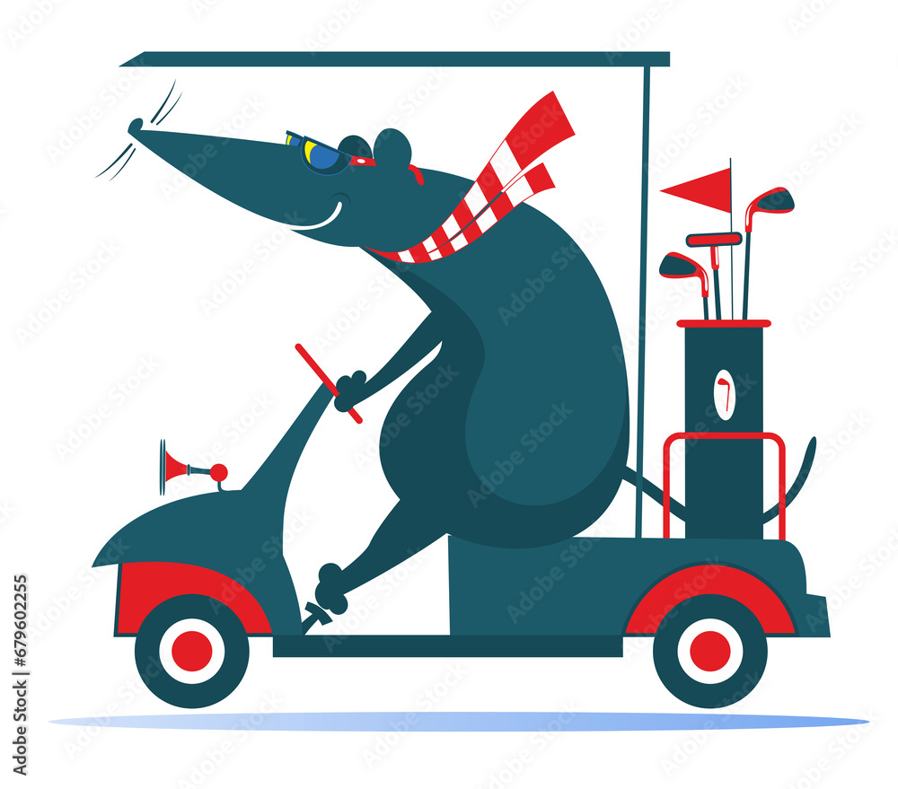 Cute rat or mouse rides the golf cart. Cartoon rat or mouse is going to ...