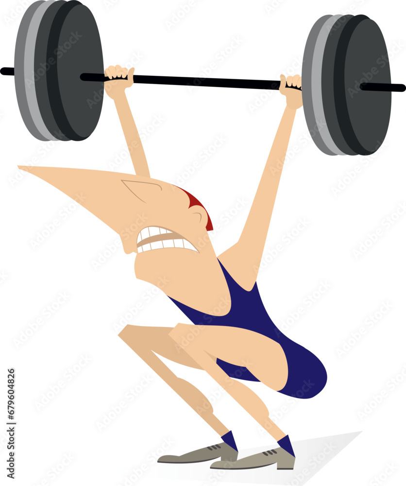 Cartoon man weightlifter illustration. Funny strong man is trying to ...