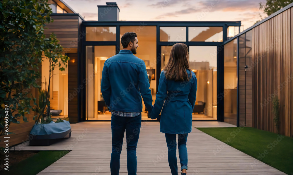 back rear view of young couple embracing, gazing at contemporary ...