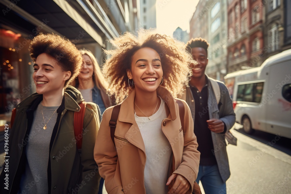 Joyful millennials commuting in an urban setting, walking together on ...