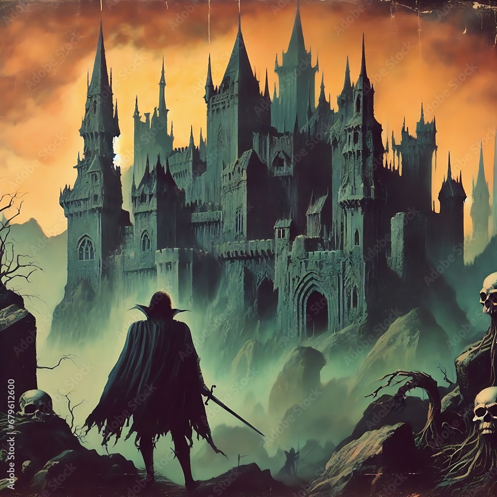 Haunted castle with a dark knight in front of it, 1970s dark fantasy ...