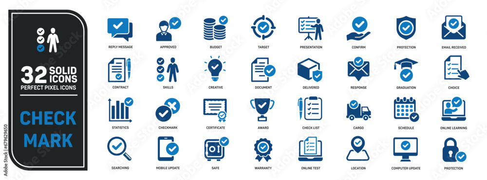 Checkmark solid icons collection. Containing approve, done, choice ...