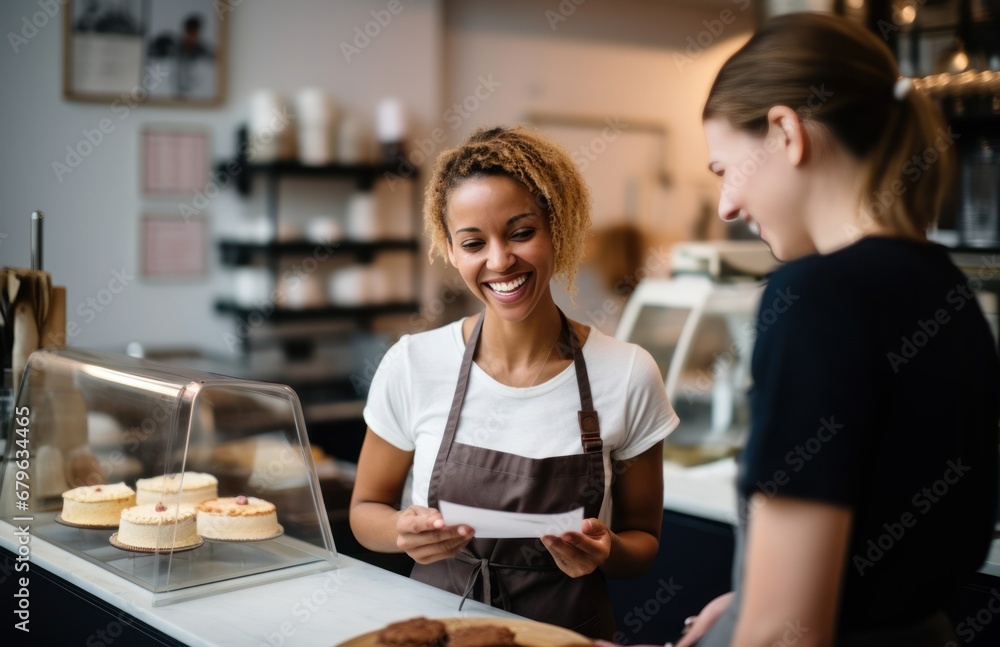 Smiling female baker, who's also the shop owner, offering exemplary ...