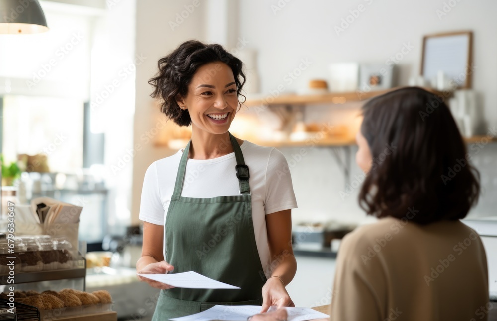 Smiling female baker, who's also the shop owner, offering exemplary ...