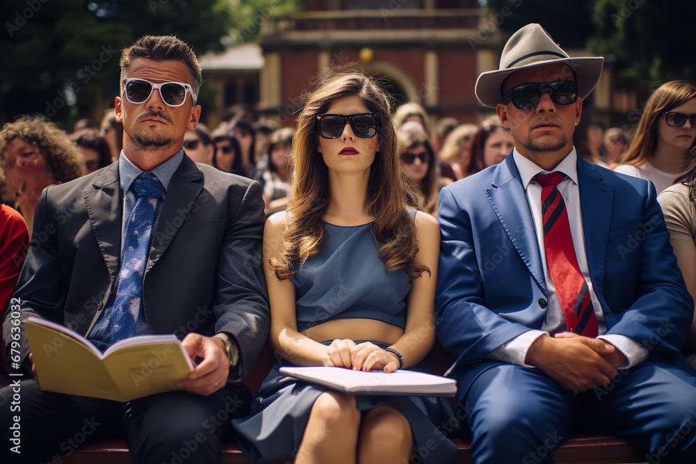 Parents dressed in formal wear attend their child's graduation ceremony ...