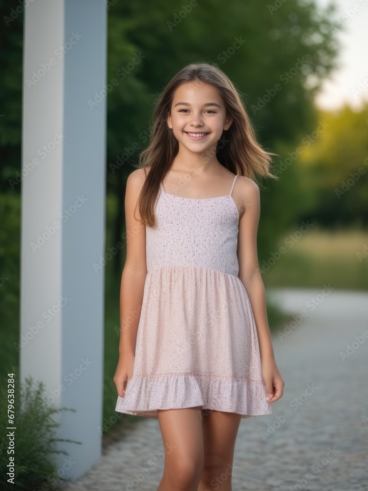 Smiling preteen girl wearing dress Stock Photo | Adobe Stock