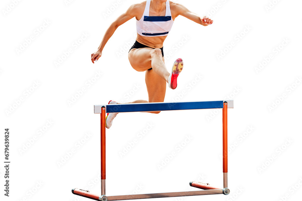 female athlete running 400 meters hurdles race in summer athletics ...