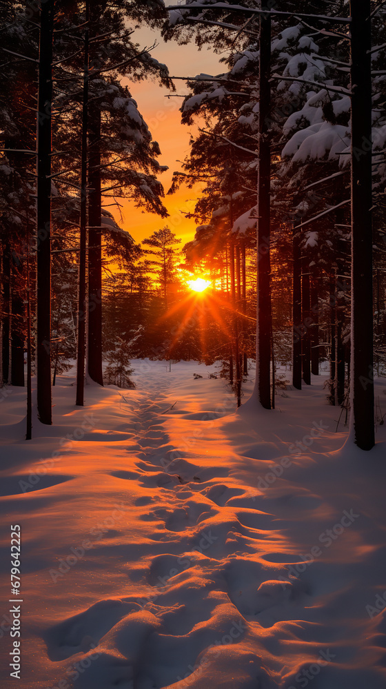 Photograph of a winter solstice, the sun rising through the pine trees ...