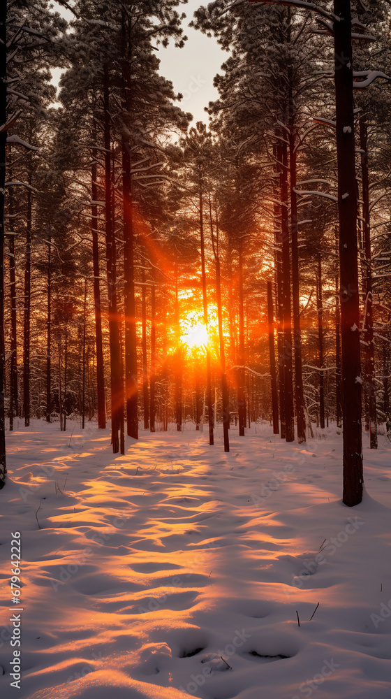 Photograph of a winter solstice, the sun rising through the pine trees ...