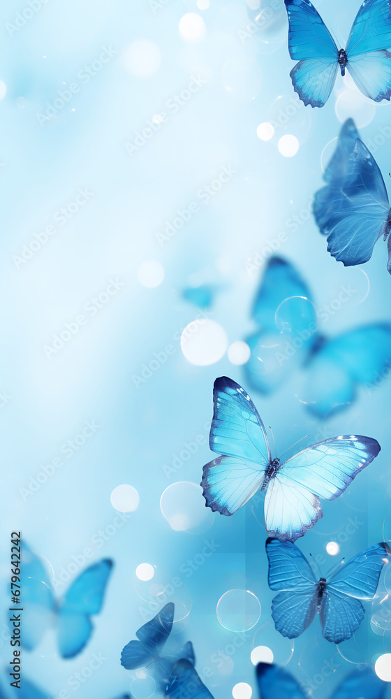 Photograph of light blue and silver butterflies, plain background with ...