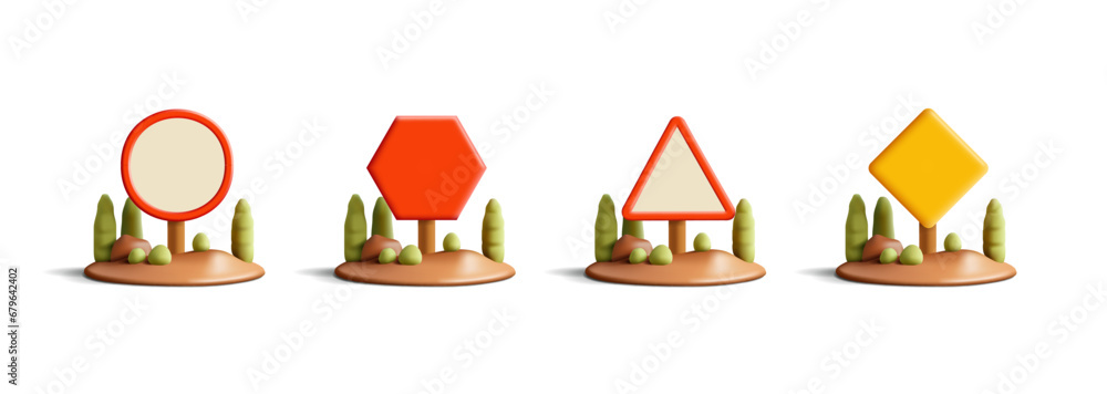 Main forms of 3D traffic rules road signs. Blank signs. Elements of ...