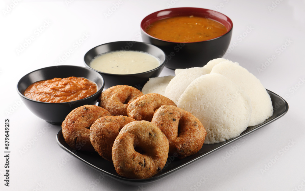 food South Indian food idli vada with sambar on a banana leaf Stock ...