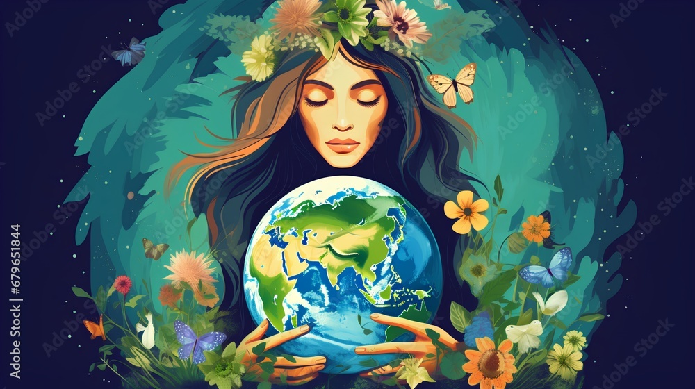 Illustration of a nurturing woman cradling a delicate Earth in her ...