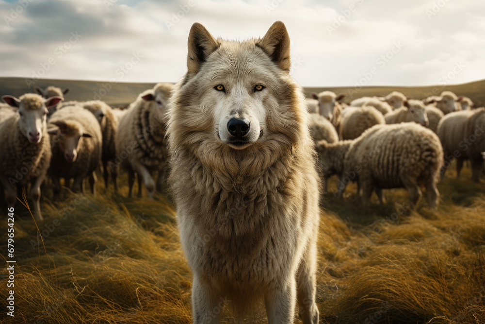grey wolf and flock of sheep around Stock Photo | Adobe Stock