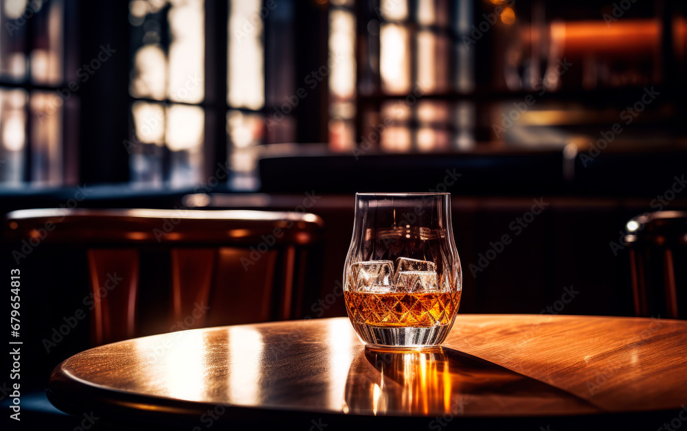 Glass of fresh and cold whiskey over nice wooden table at bar with ...