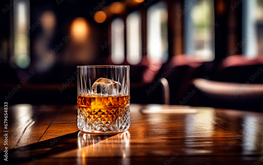 Glass of fresh and cold whiskey over nice wooden table at bar with ...