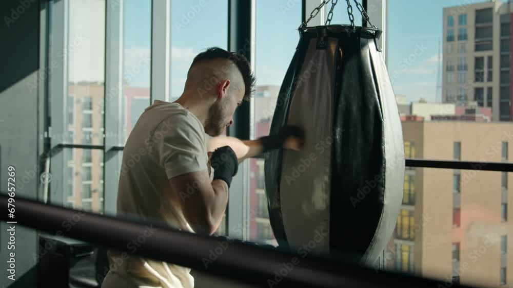 Back view motivated Caucasian man sportsman athlete guy boxer fighter ...