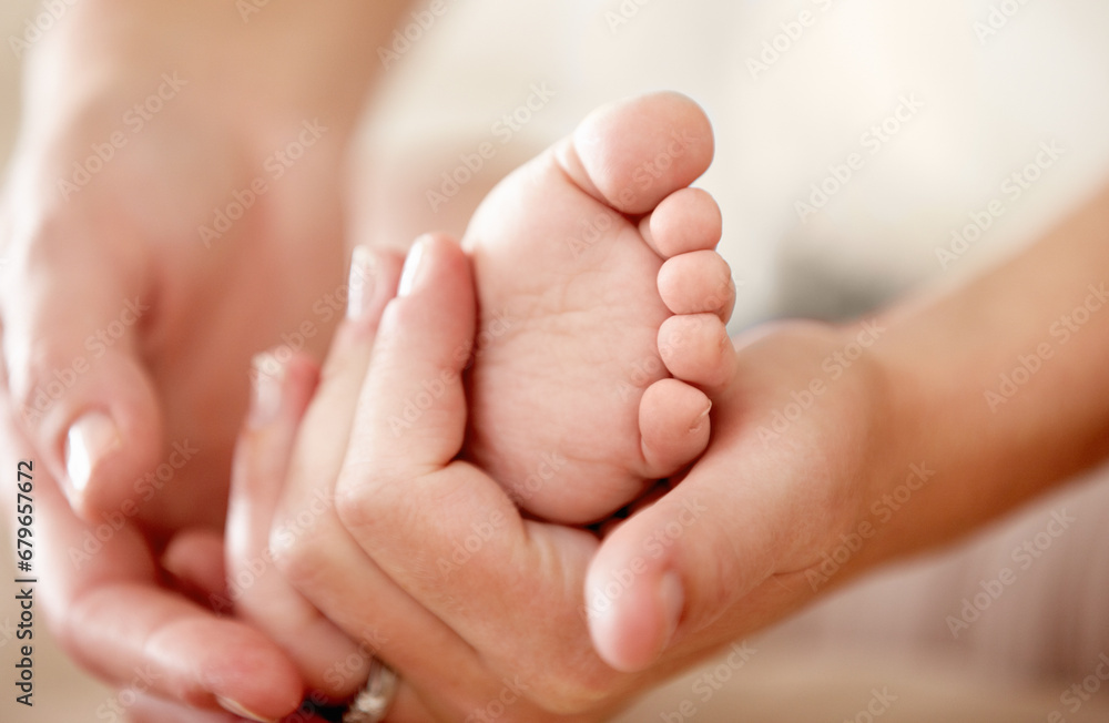 Baby, feet and closeup of hands of mother in a house with love, care ...