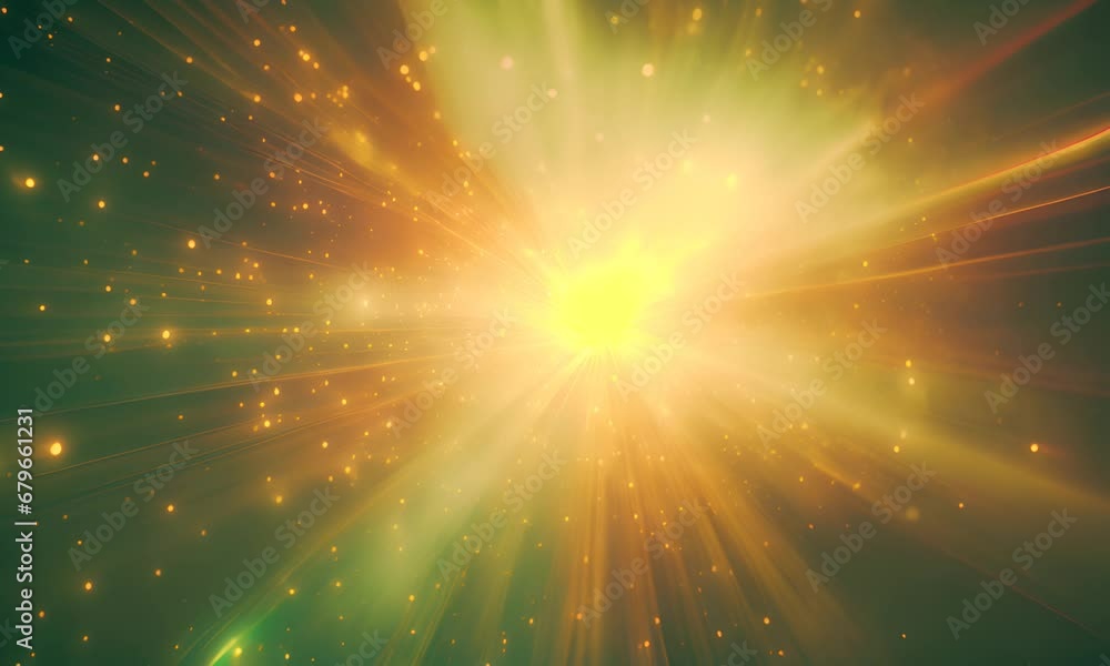 Magical abstract sunrays background bokeh lights. Gold dust floats in ...