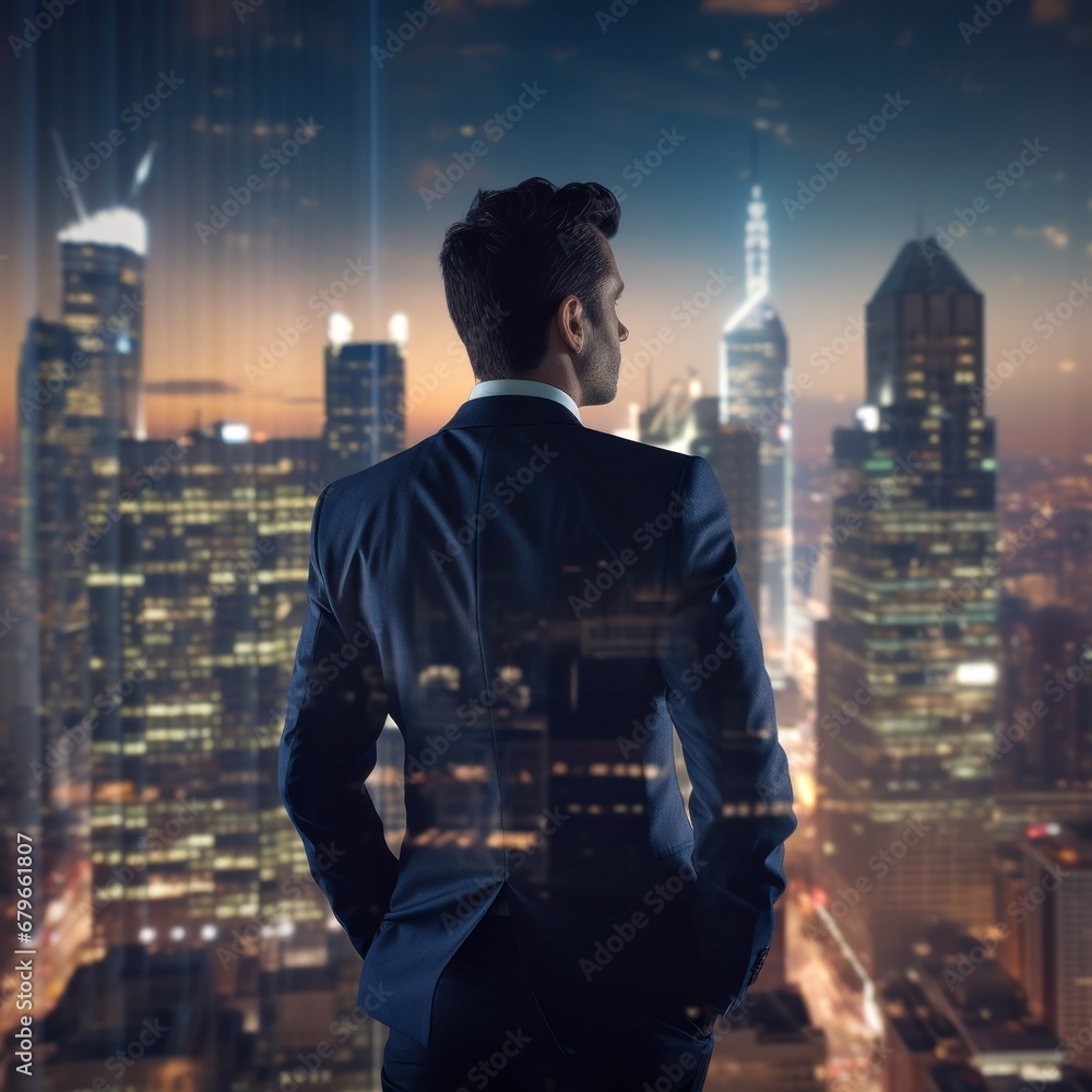 Elegant man in a suit stands with his back to the camera, looking over ...