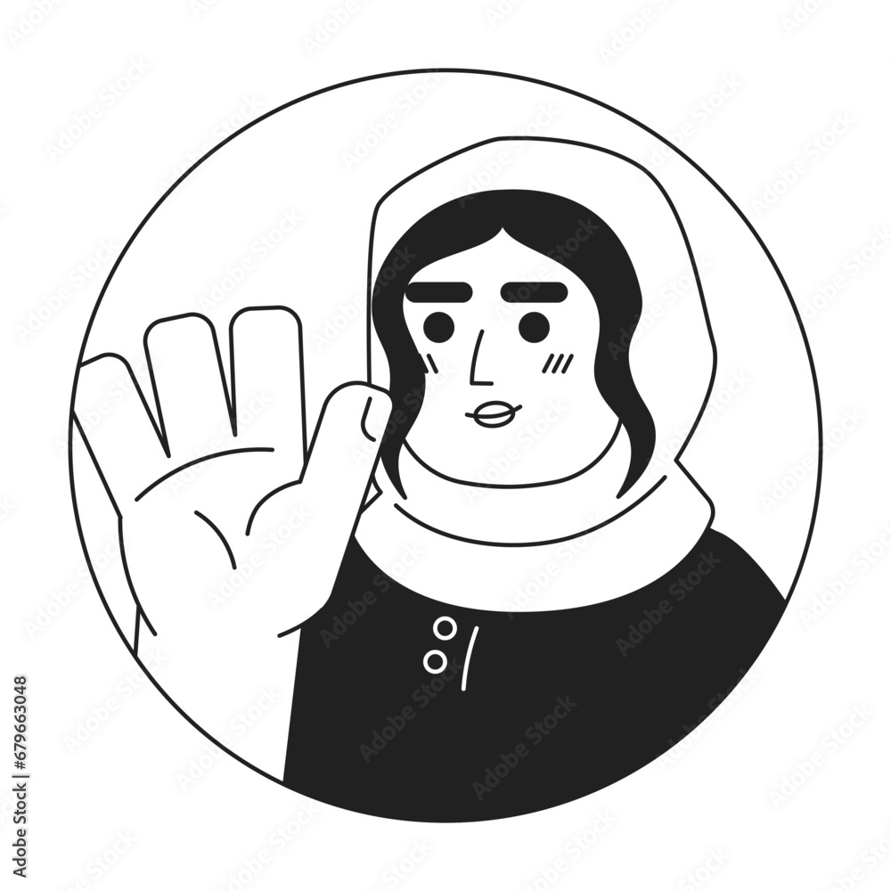Adult hijab lady saying hi hello black and white 2D vector avatar ...