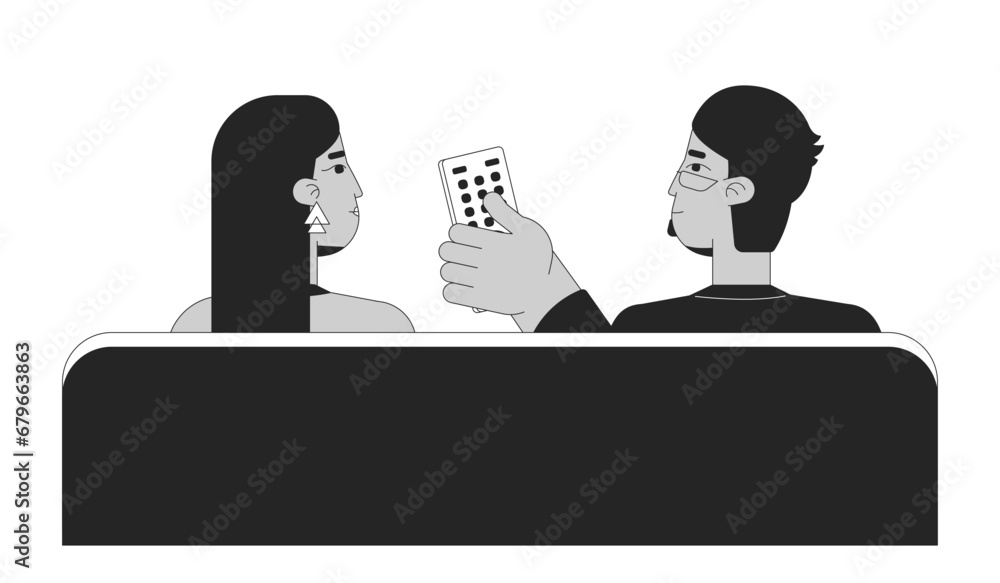 Arab couple watching tv black and white 2D line cartoon characters ... Arab couple watching tv black and white 2D line cartoon characters ...