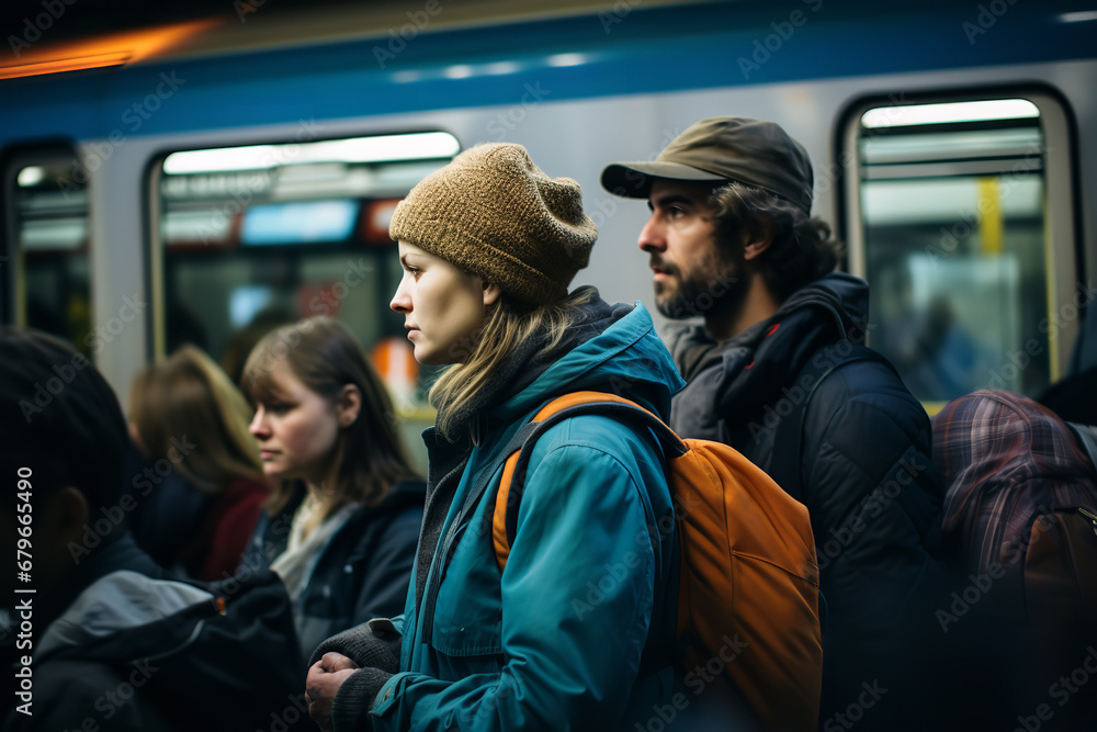 Train passengers waiting on the platform during a station transfer ...