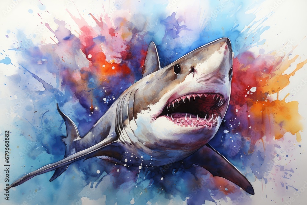 watercolor Shark Hungry shark illustration with splash watercolor ...