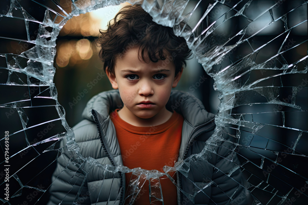 Little boy peeking out of a broken window glass. Stock Photo | Adobe Stock