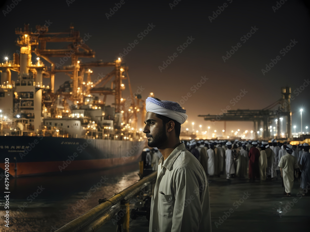 Commercial docks worker and inspector at work theme concept/Egyptian Arabic Inspector at Arabian ...