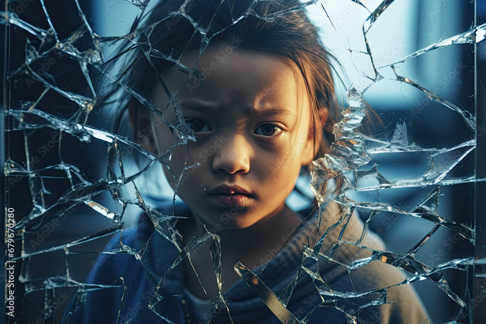 Little girl peeking out of a broken window glass. Stock Photo | Adobe Stock