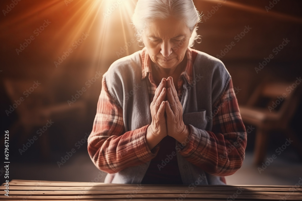 Elder woman pray in church Christian life crisis prayer to god. Hands ...